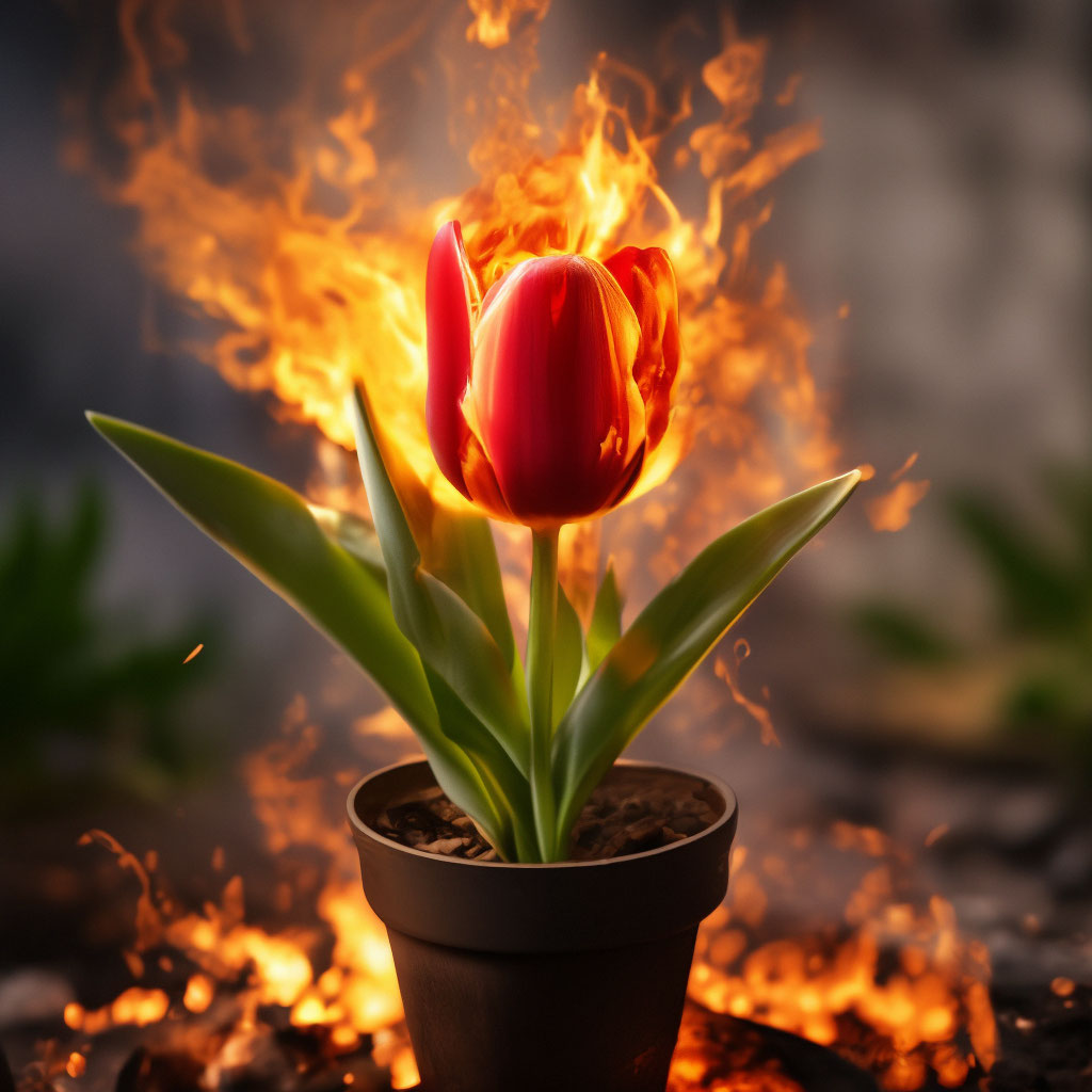 "A tulip in a flower pot in flames" — image created in Shedevrum