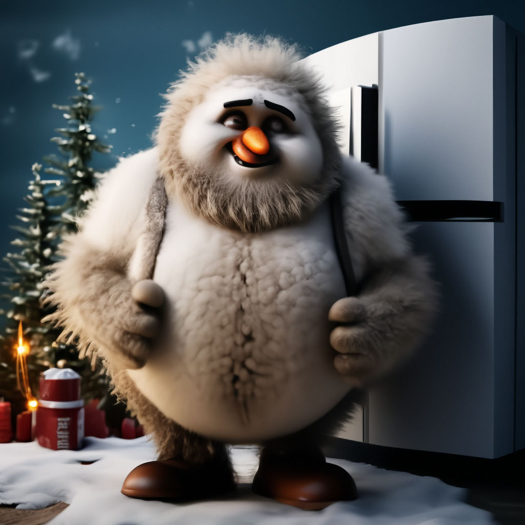 "A hairy snowman with a hangover, standing by the open refrigerator, in ...