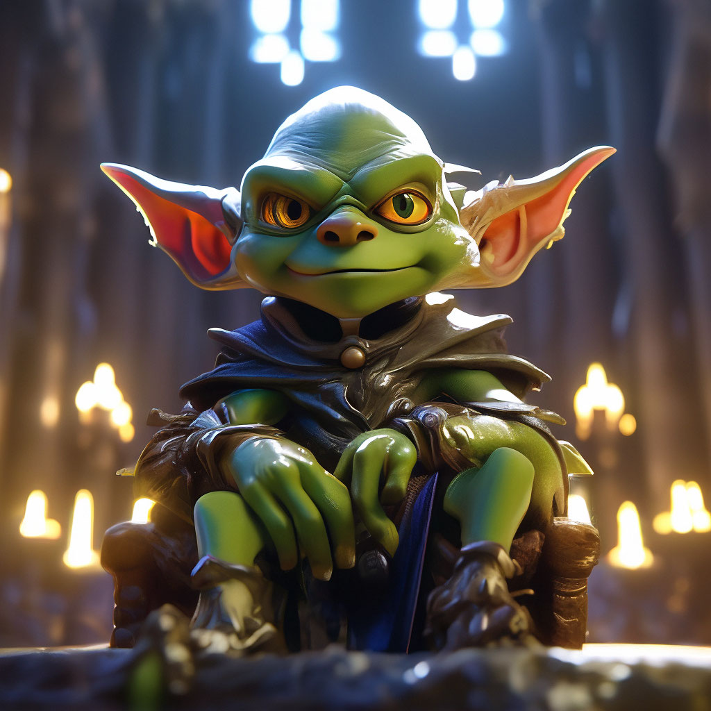 " fallen goblin lord,Pixar,a throne,more details,evil eyes,glowing ...