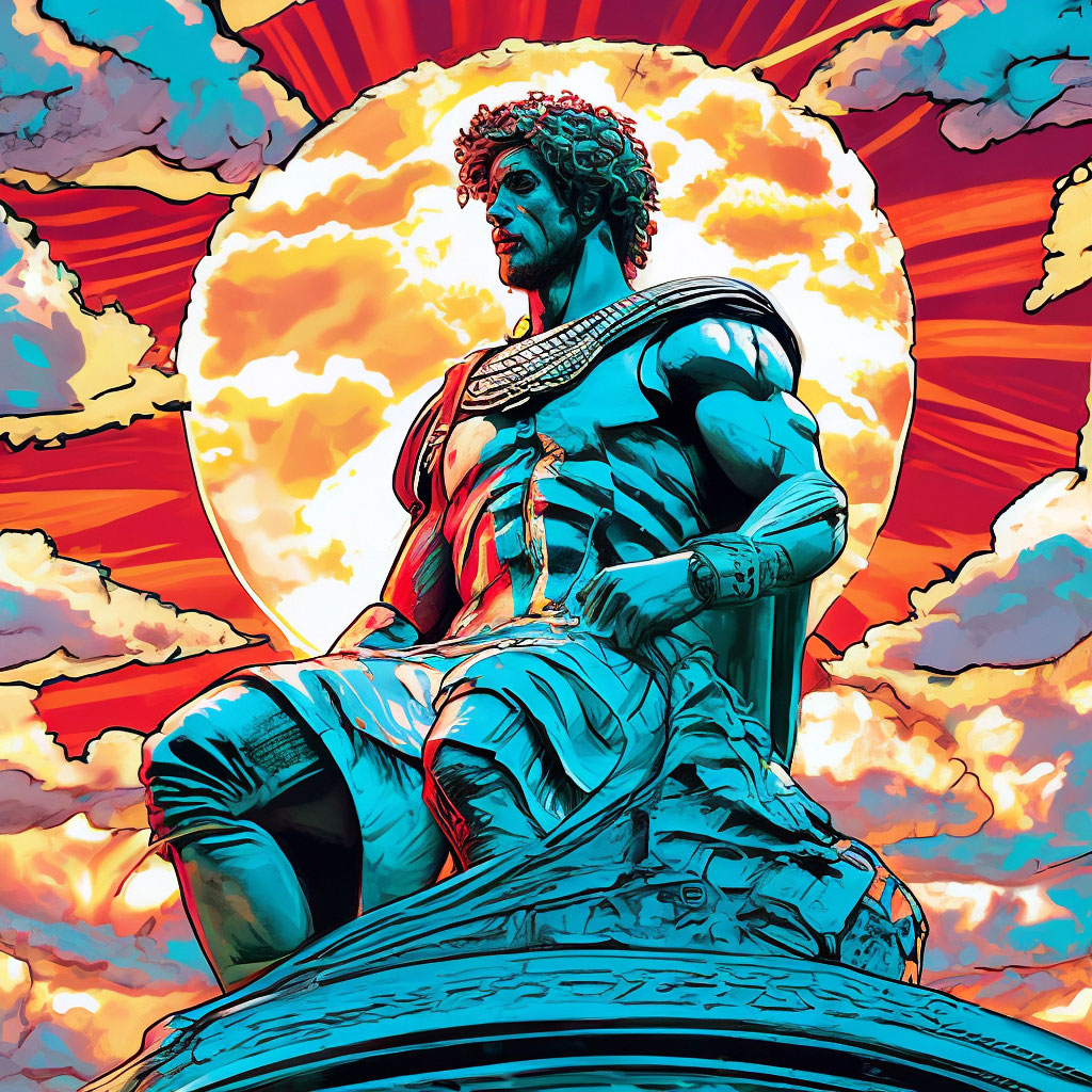 "The comic is a monument to Marcus Aurelius, sitting..fullBody ...