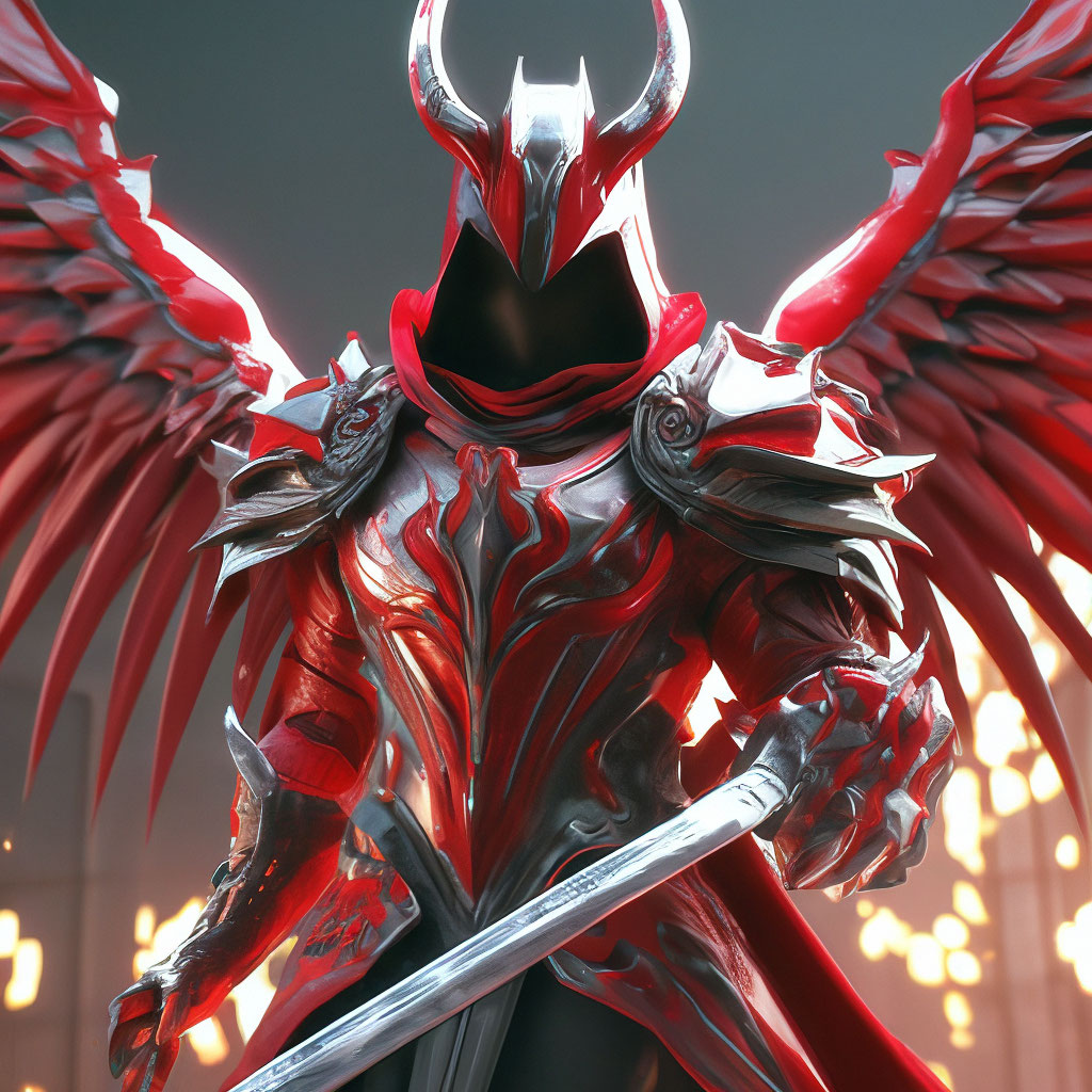 "A man dressed in bright red armor with a hood that pierces the sides ...
