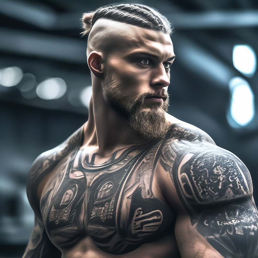 "Viking young guy bodybuilder huge shaved temples masculine face black ...