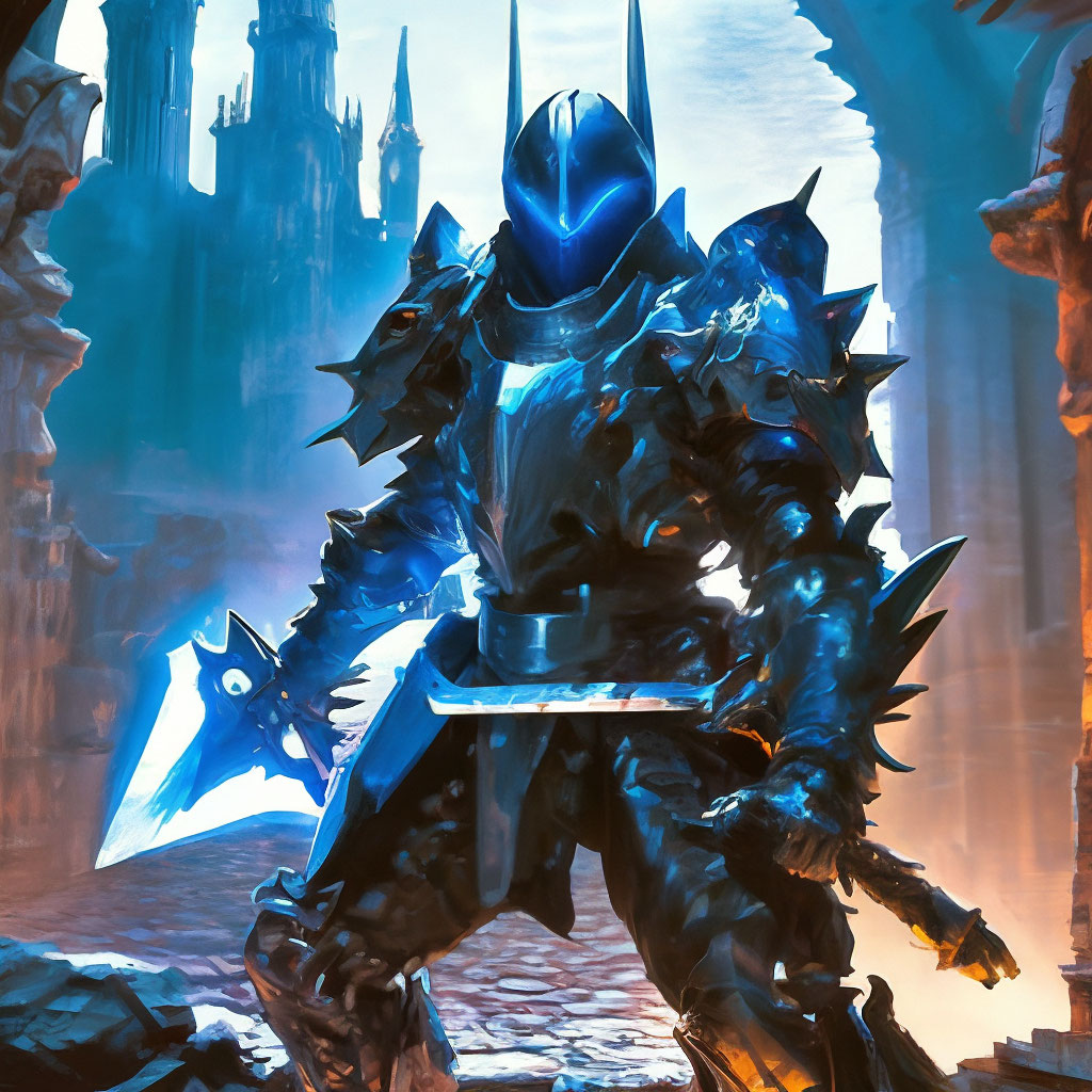 "Gothic cyber knight in a fighting stance prepares for battle in a ...