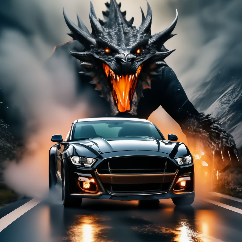 "A beautiful huge dragon attacks a black Ford Mustang car on the ...