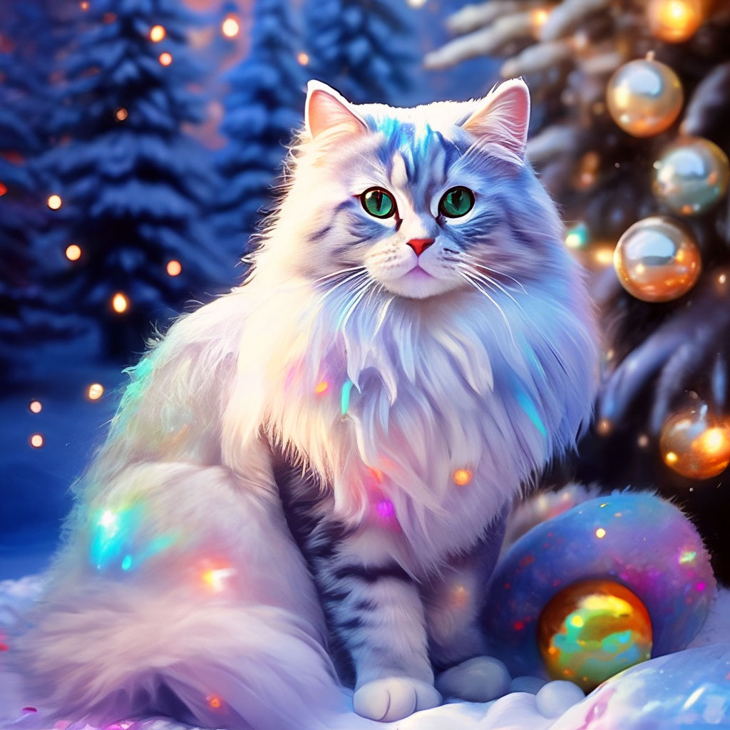 "Beautiful fluffy meikun cat near the Christmas tree, big eyes, with ...