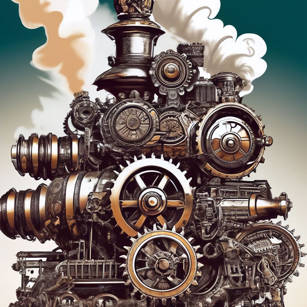 "Steampunk Steam engine, pile of smoke and gears, Victorian England ...