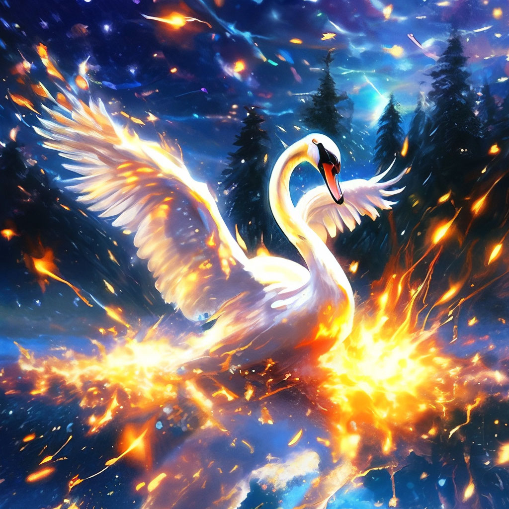 "Sparkling swan,lightning sparks, fire,flapping wings, starry mist from ...