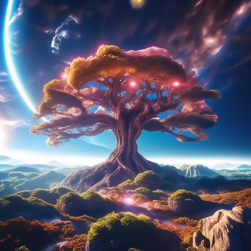 "Unreal cosmic tree of planets with its atmosphere, huge, universe ...