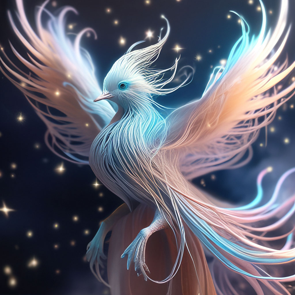 "Ephemeral Galactic anthropomorphic creature bird angel made of long ...