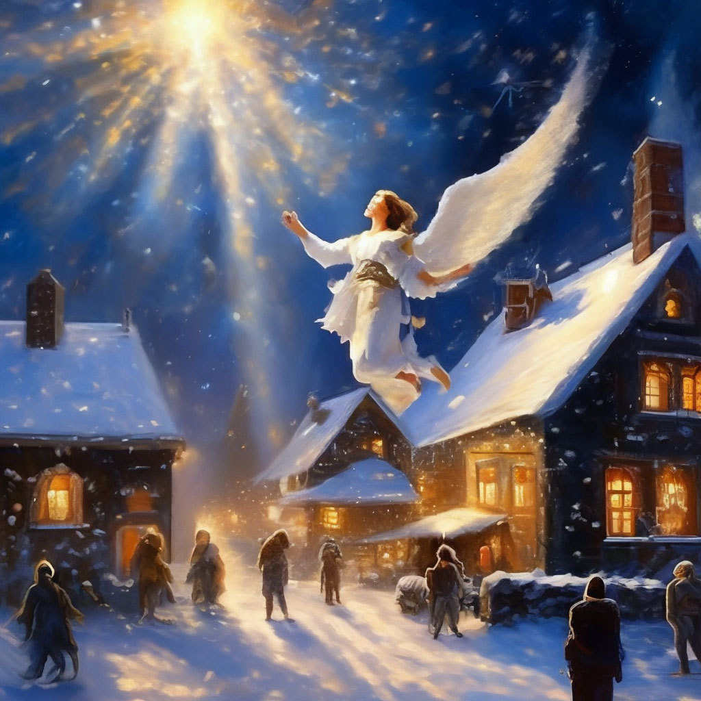 "Christmas night, angel, miracles, snow sparkles on the roofs of houses ...