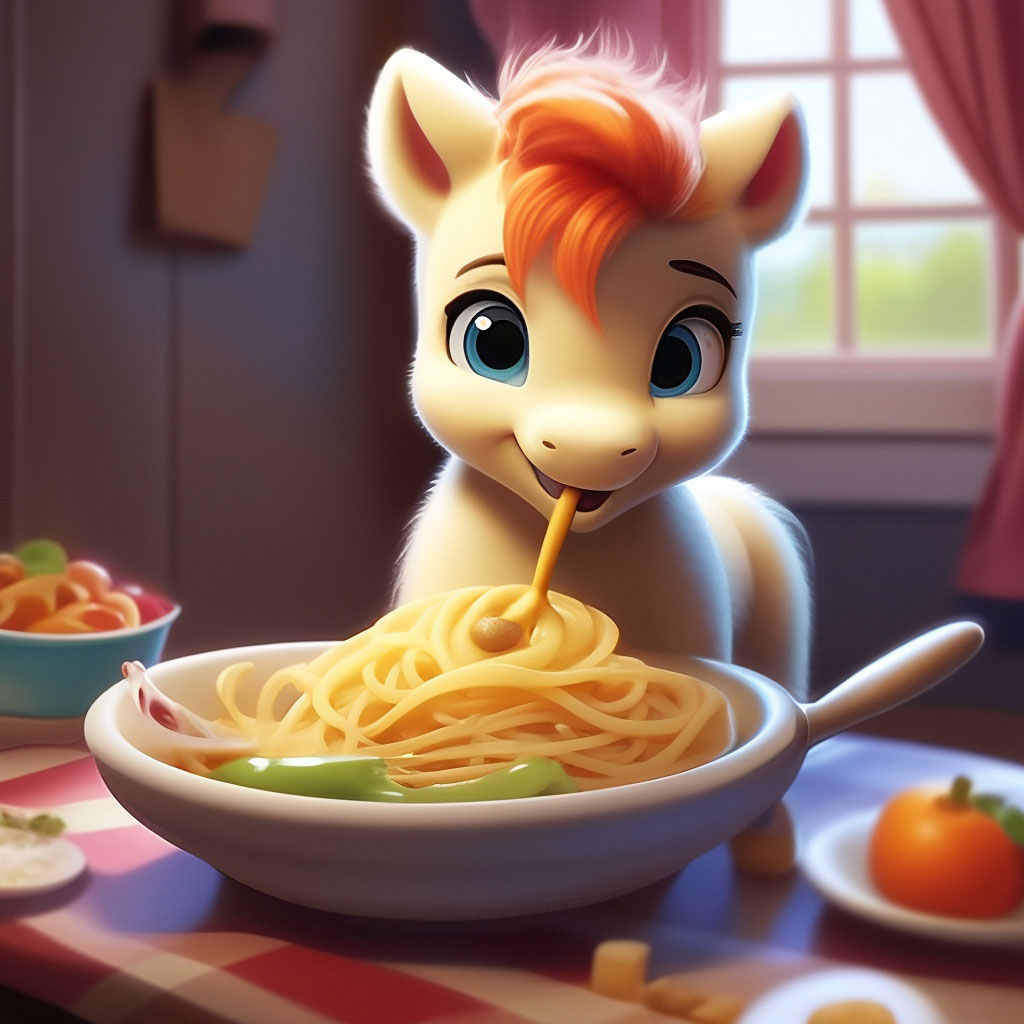 "Fluffy pony, a small foal,eating spaghetti from an animal bowl,cute,my ...