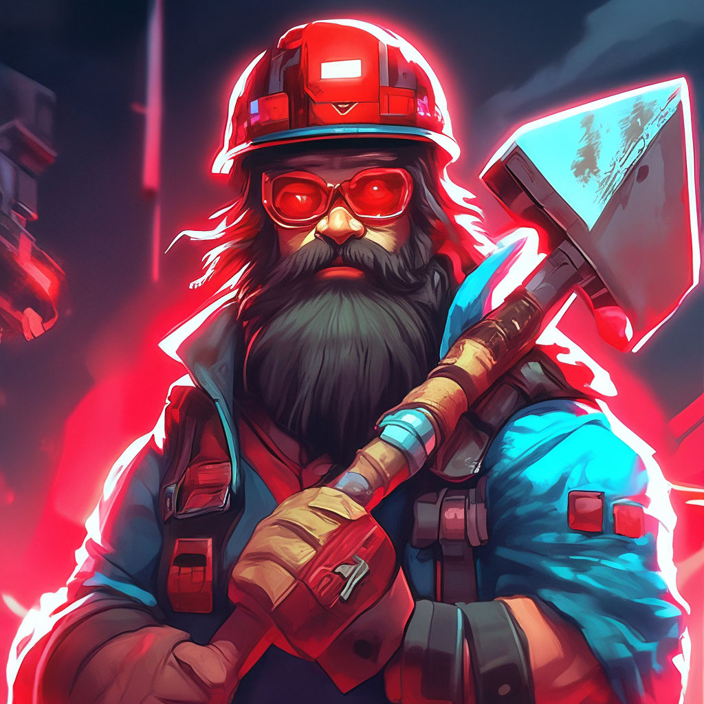 "Miner, dwarf, neon style, red tones, bearded, holding a pickaxe ...
