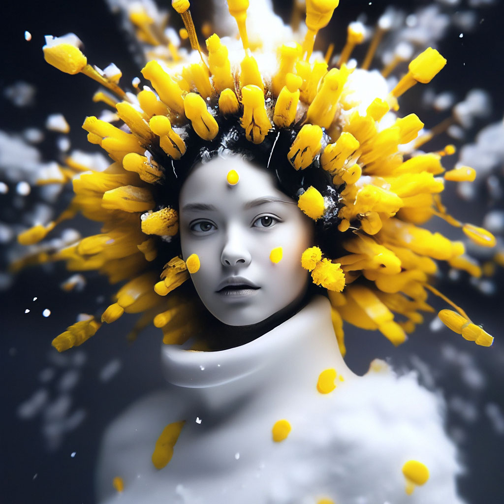 "Explosion of molecules,girl and wasp hybrid,snow,face pattern,yellow ...