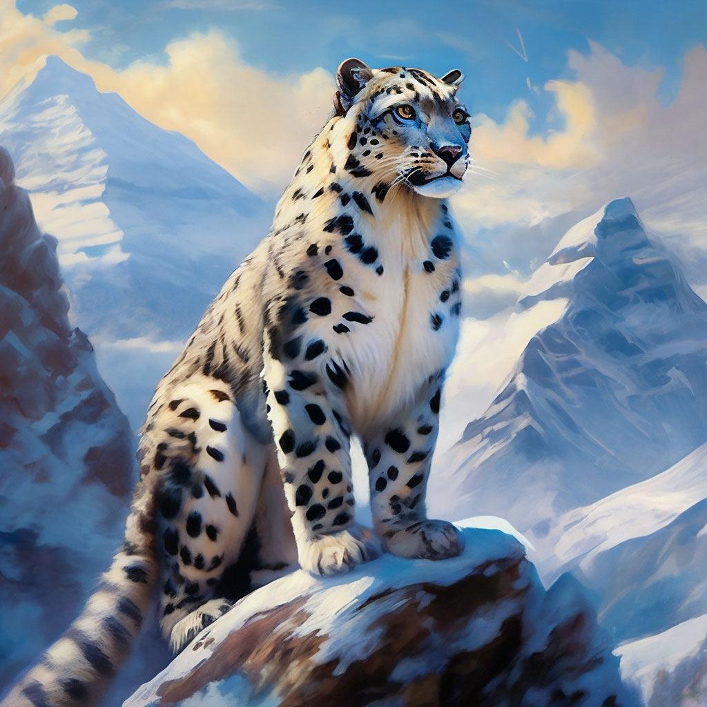 "The snow leopard stands proudly on the mountain," — image created in ...