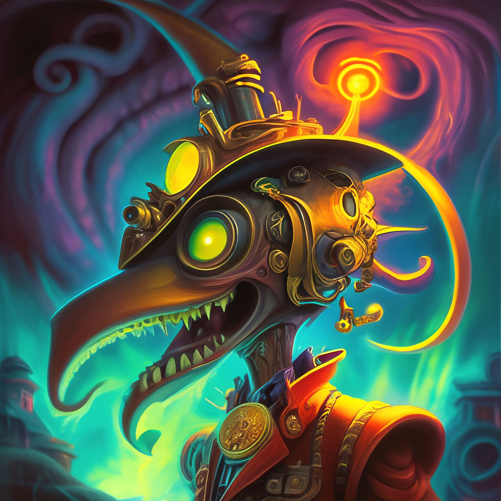 "Pinocchio xenomorph, deep colors, glowing radioactively, mad storm ...
