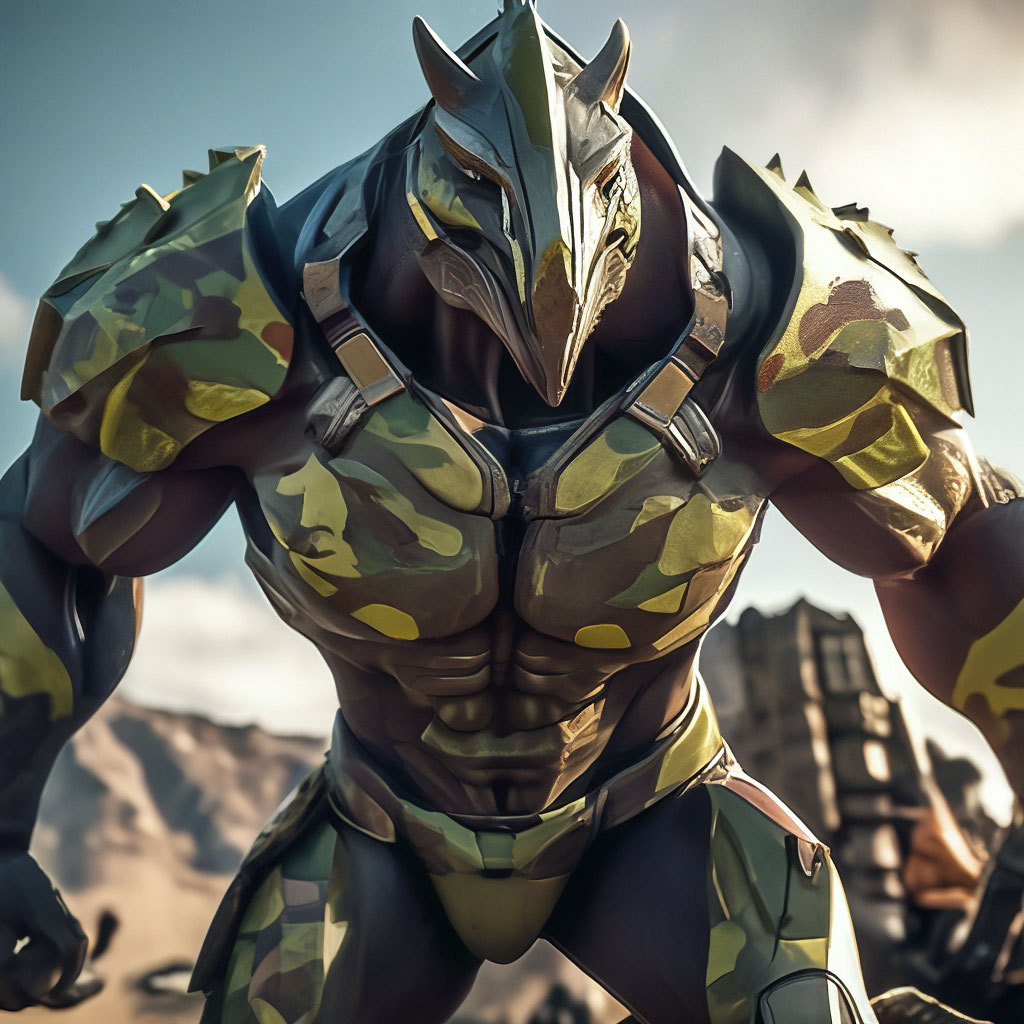 "Rocksteady, huge, muscular, mutant human+rhino head, camouflage ...