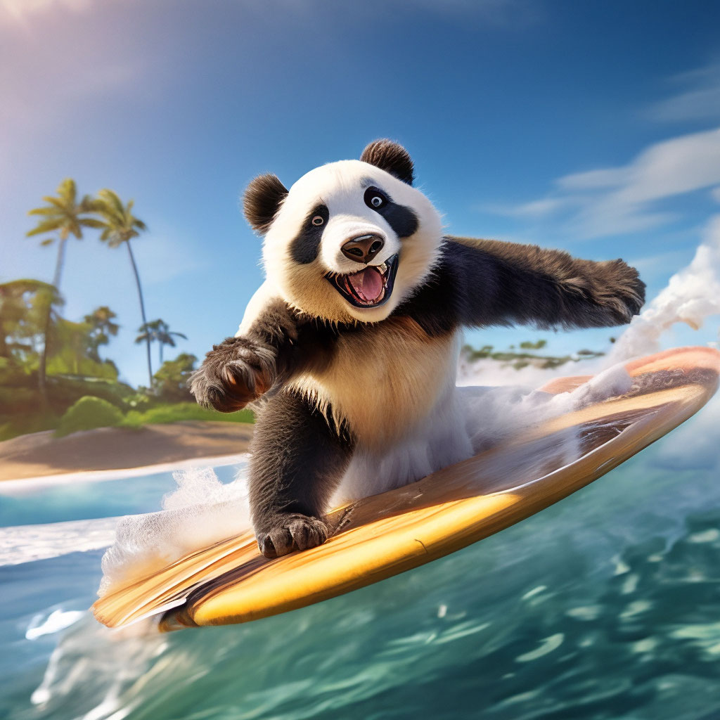 "A cheerful Panda on a Hawaiian beach lights up on a surfboard in the ...