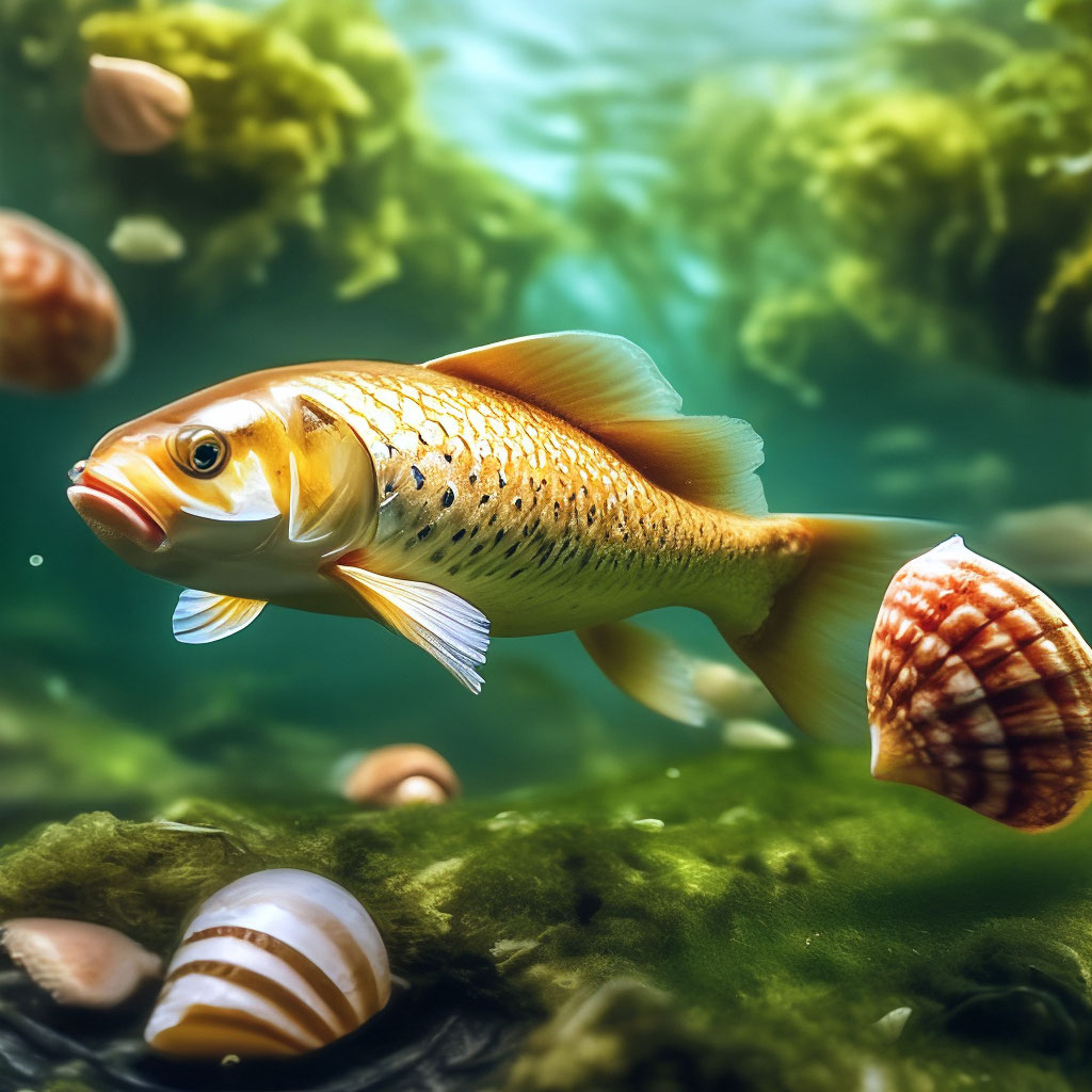 "Carp in the water among algae, small shells, , realistic, high ...