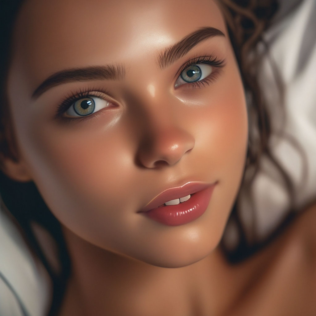 "Very beautiful girl with brown hair and red eyes, tanned, expressive ...