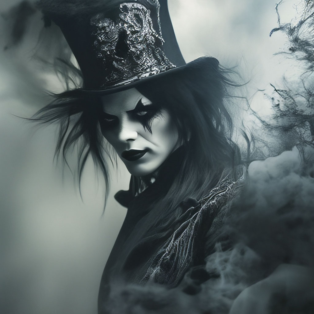 "Double exposure, white sad gothic clown with long black hair male top ...