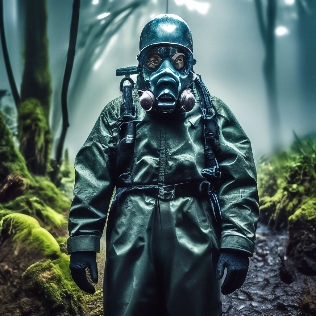 "A man in a radio-protective suit, in a gas mask, on planet earth ...