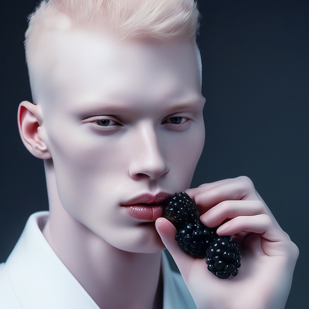 "Albino guy, fine facial features, plump lips,blackberry in the mouth ...