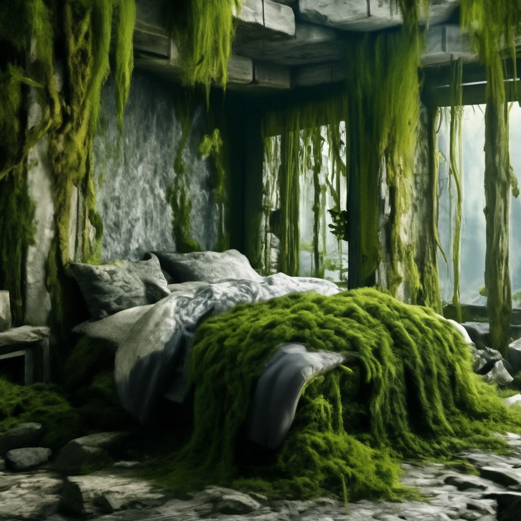 "Post-apocalypse bed covered with moss stone pillows curtains made of ...