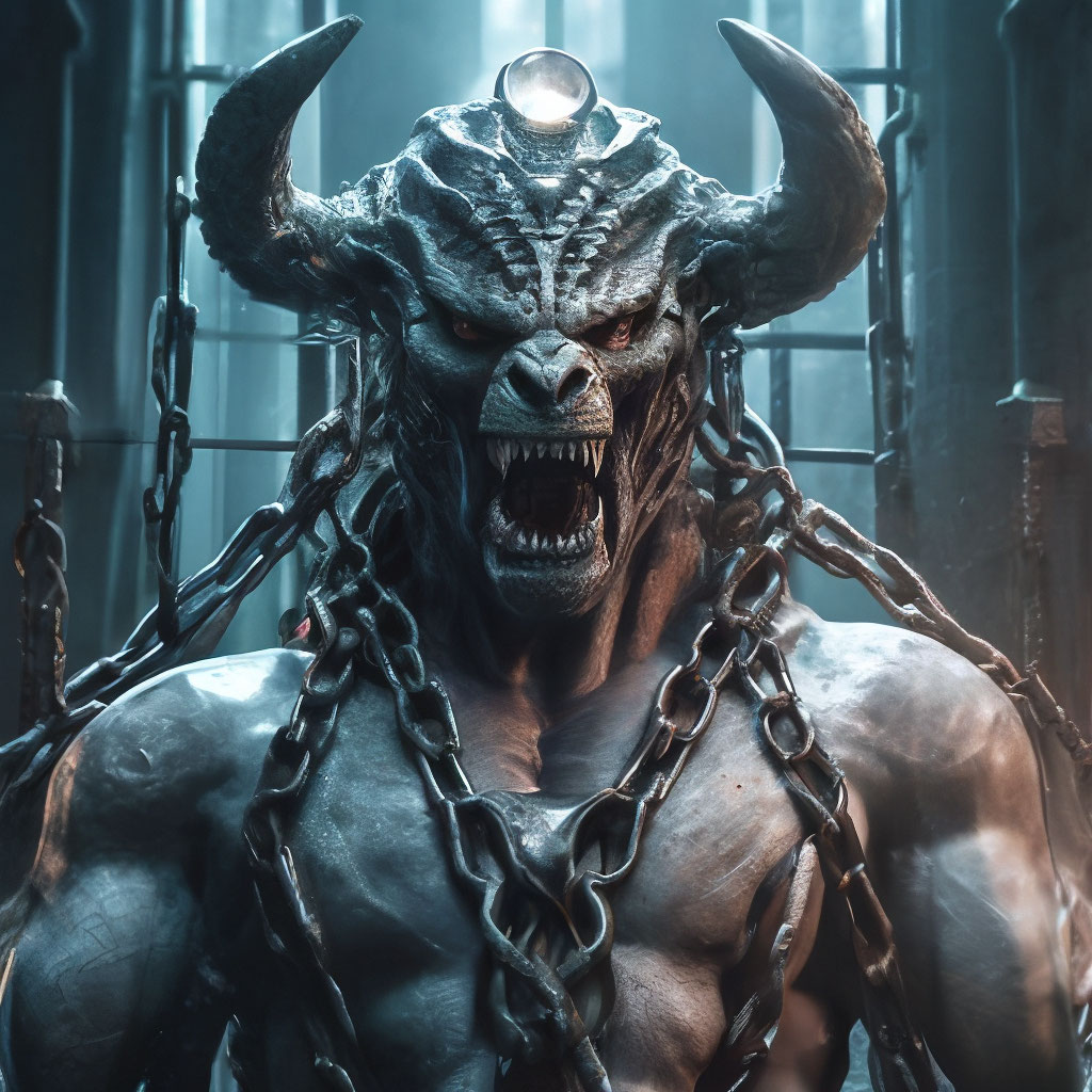 "A beast from a horror movie, mega scary in chains with a crystal on ...