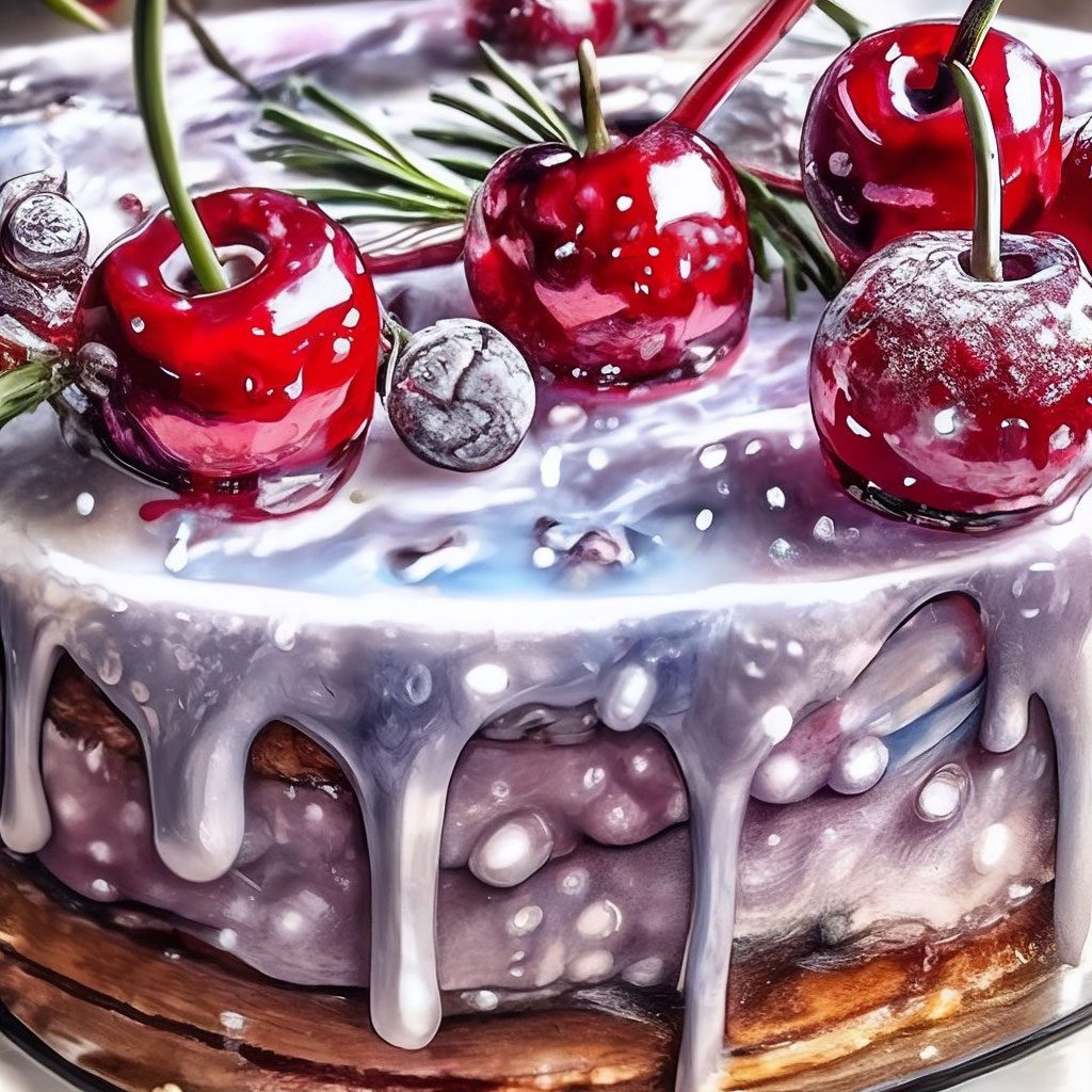 "Surreal food sketch + hyperrealism, 3D, glitter, macro Christmas cake ...