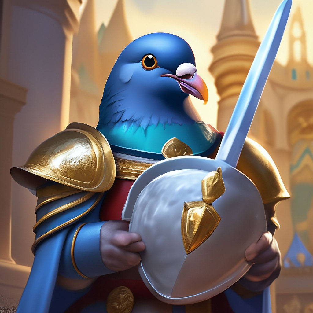 "The guardian pigeon smiled, telling a joke about a shield and a sword ...