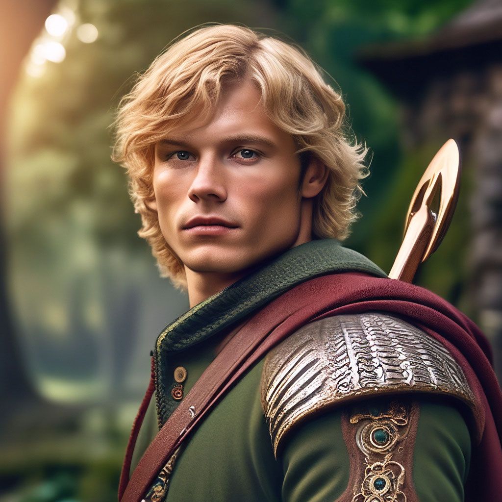 "Robin Hood, 30 years old, blond hair, short, serious look, rustic ...