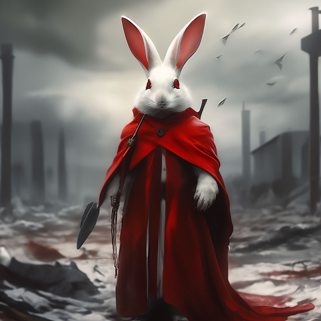 "A white rabbit cardinal in a red robe" — image created in Shedevrum