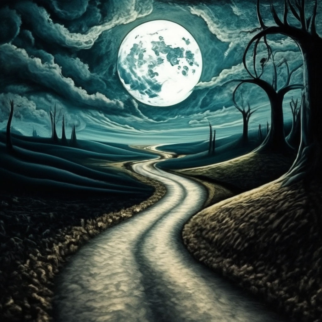 "Art Nouveau, Tim Burton's art style, a horror country road, a huge ...