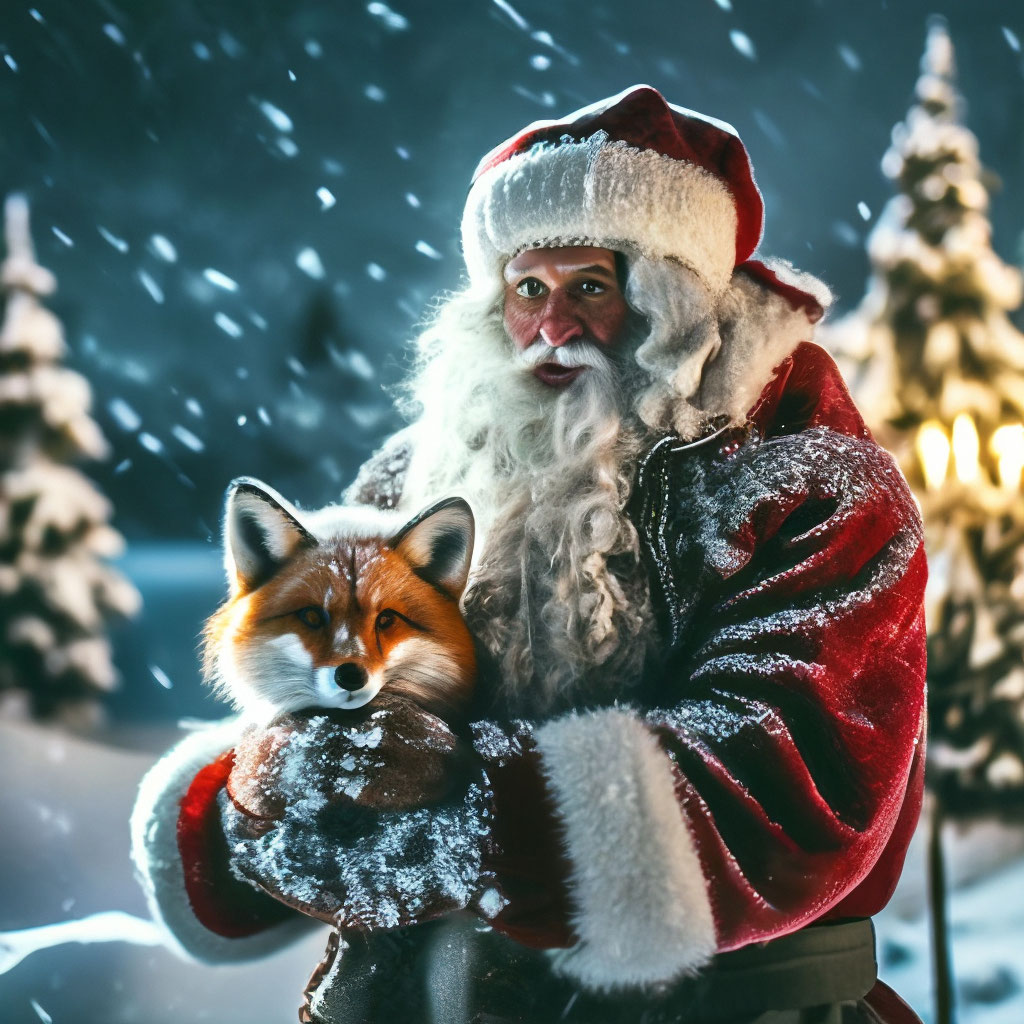 "Santa Claus holds fox puppy in his hands, standing in a beautiful snow ...