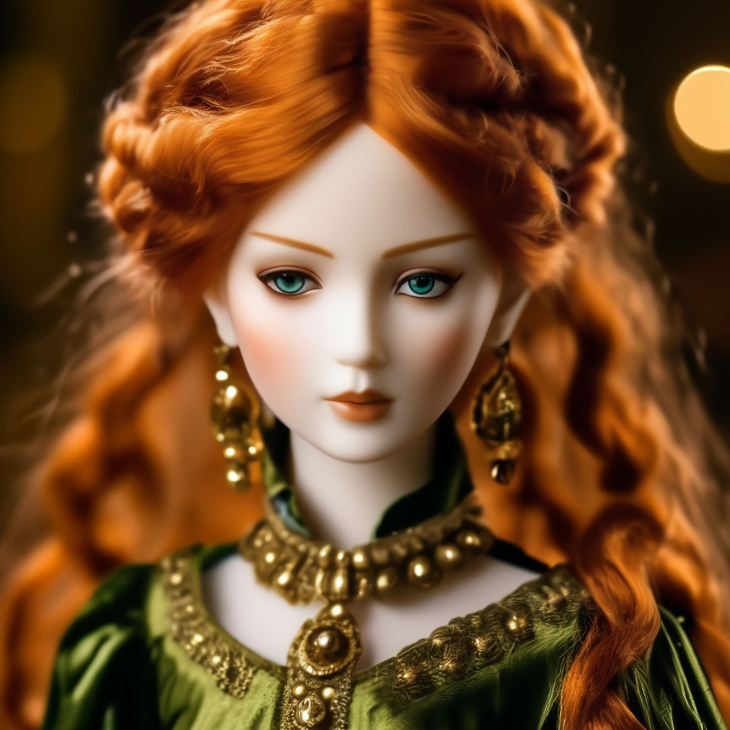 "Porcelain doll Lady Macbeth, gold earrings, red-orange hair, big eyes ...