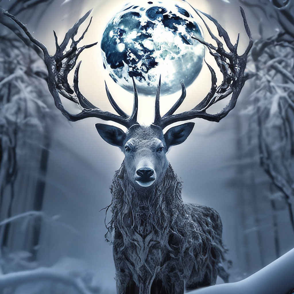 "A mythical deer with a human face and huge filigree horns in which the ...