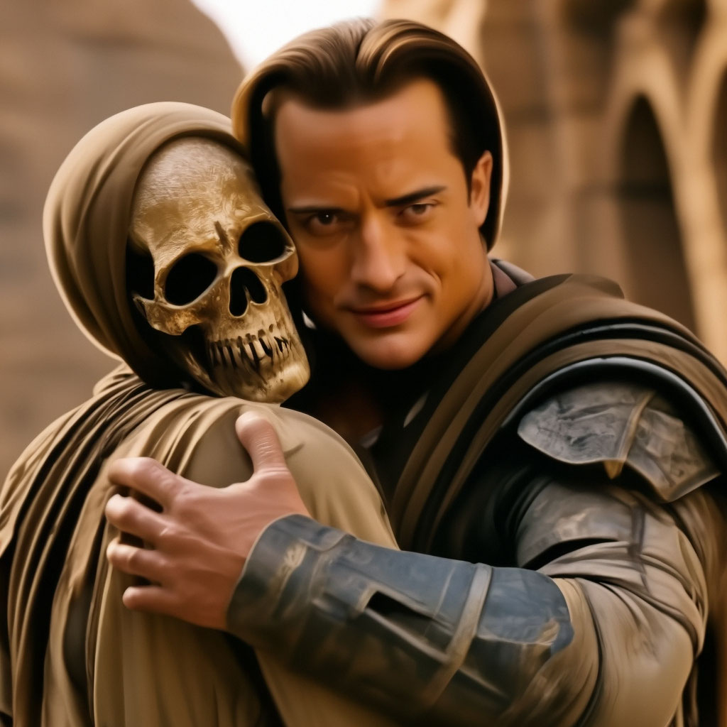 "Brendan Frazer in the movie "The Mummy" hugs skeletons, friends ...