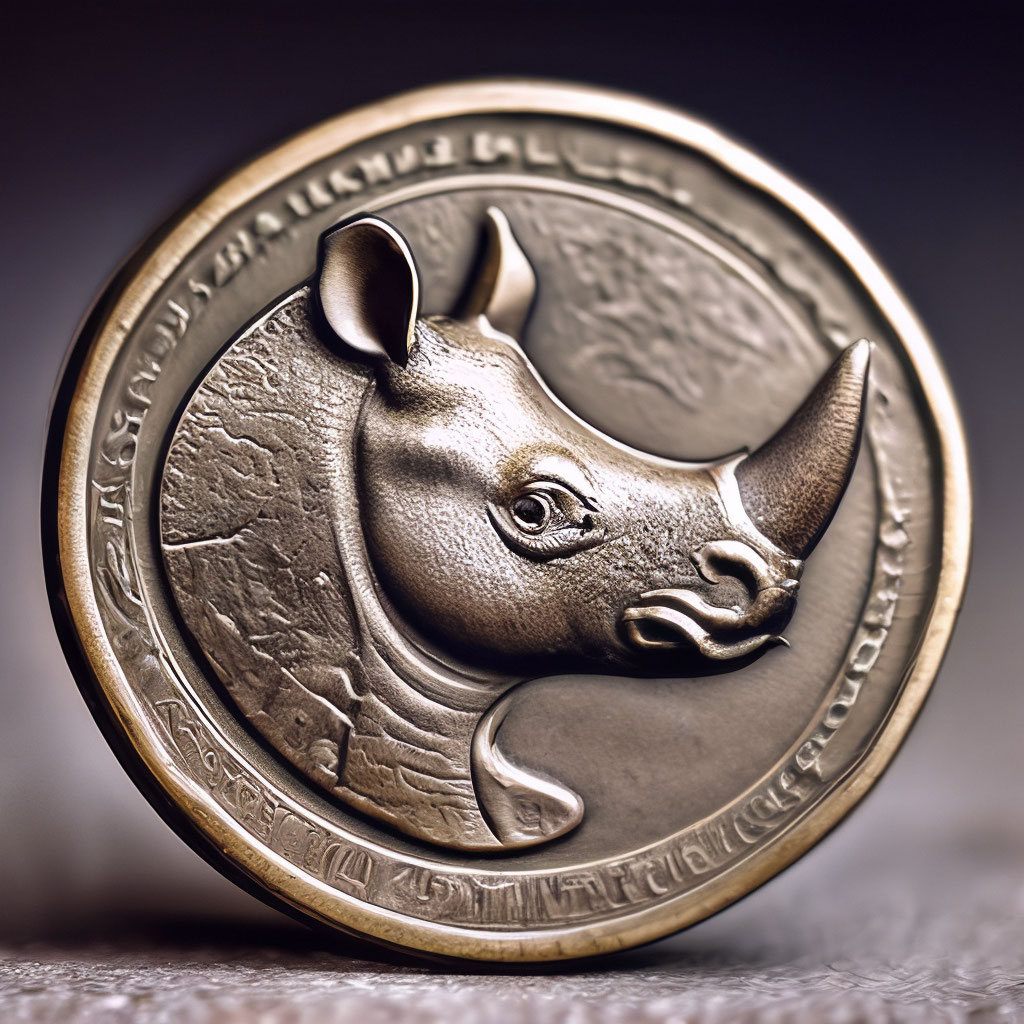 "An ancient coin stands on the edge, it depicts the profile of a ...