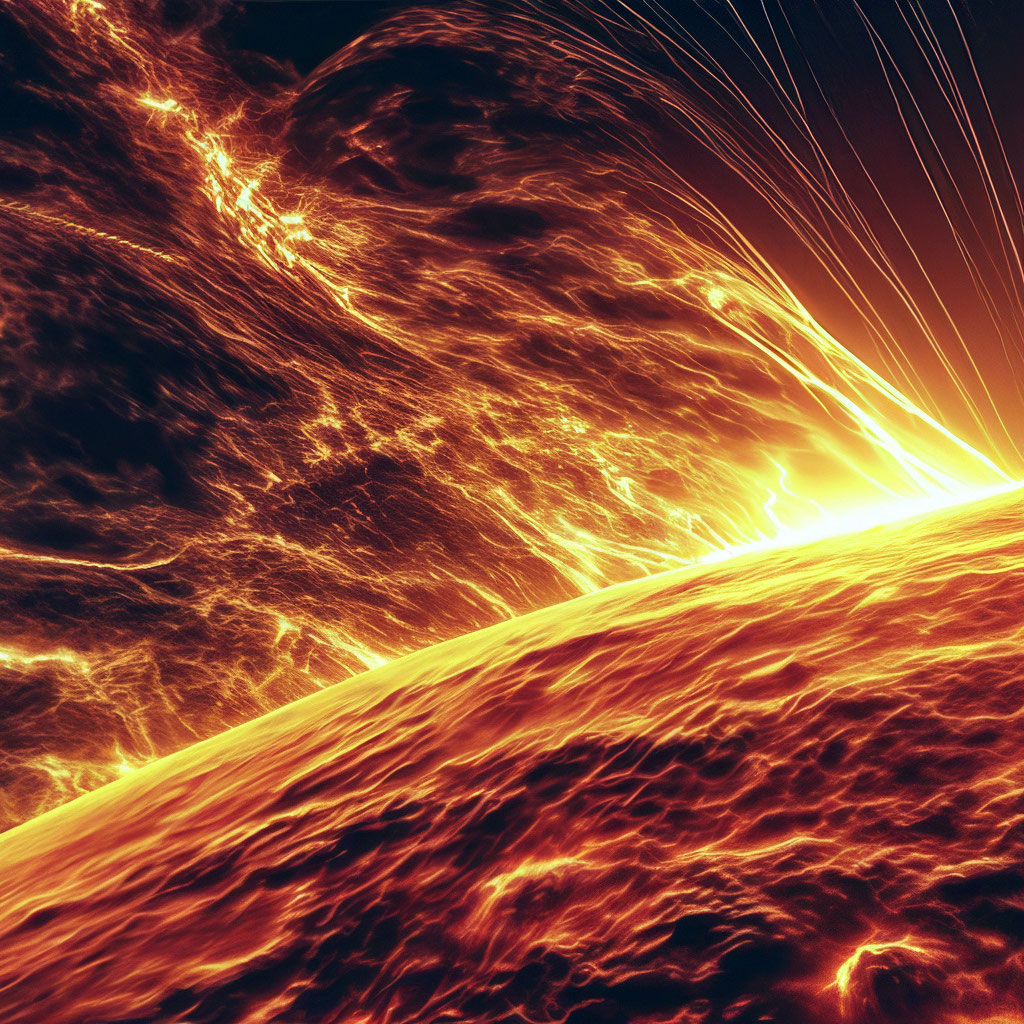 "The sun, landscape, giant prominence rises above the surface of the ...