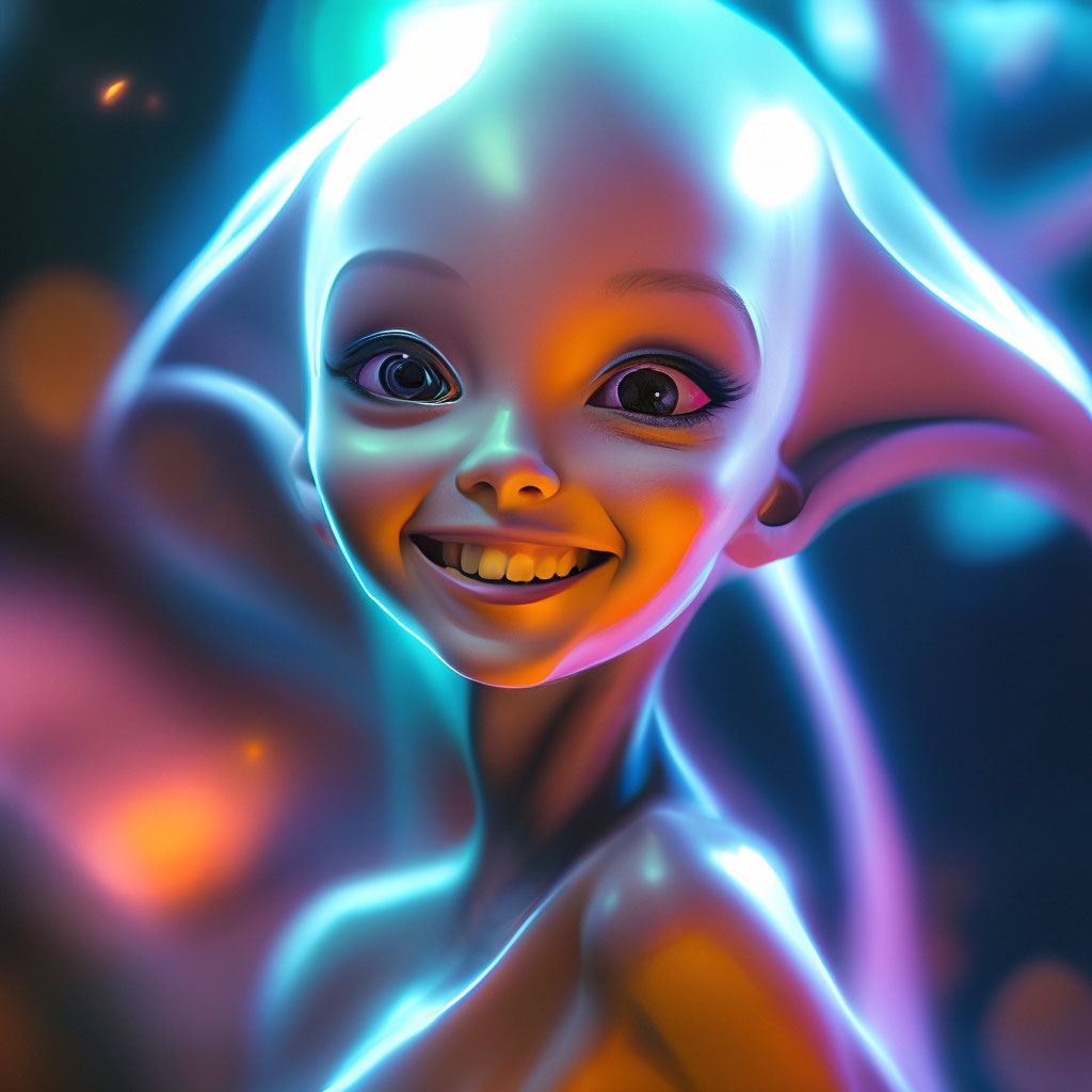 "A non-earthly cute alien girl hovers in the air, fashion on another ...