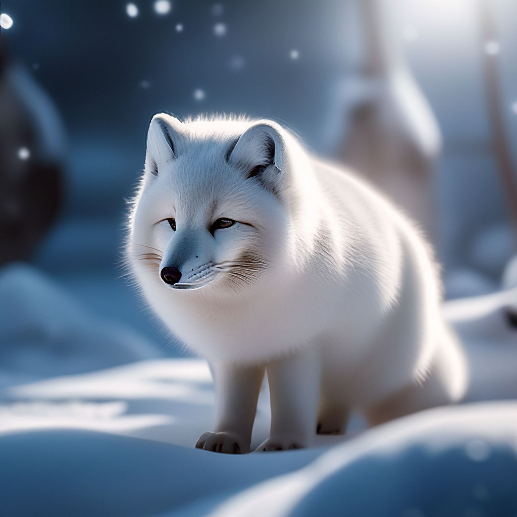 "Arctic fox ,fluffy fur,snow, hyperrealism, beautiful, realistic ...