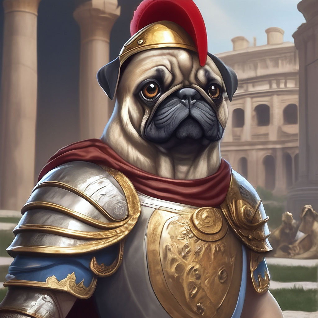 "A Roman general in full armor, with the face of a pug" — image created ...