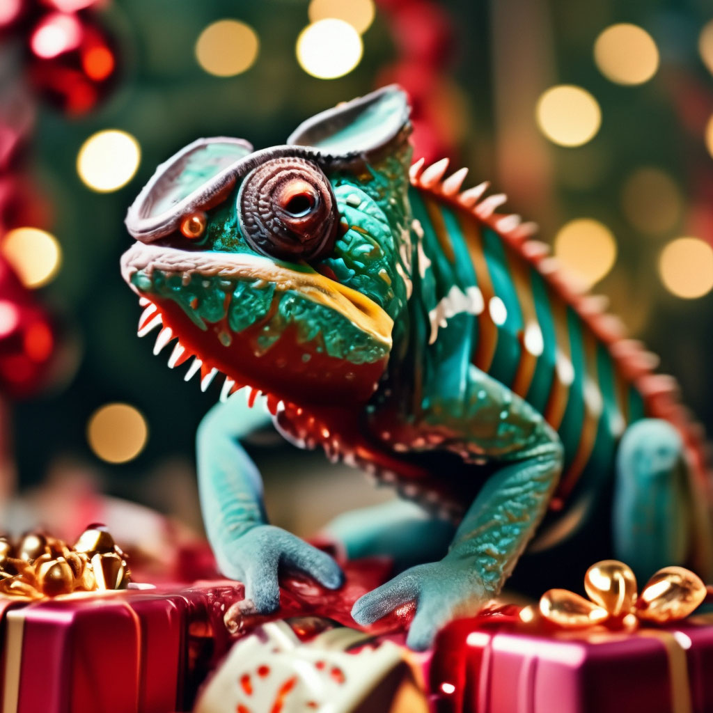 "New Year's chameleon reveals gifts" — image created in Shedevrum