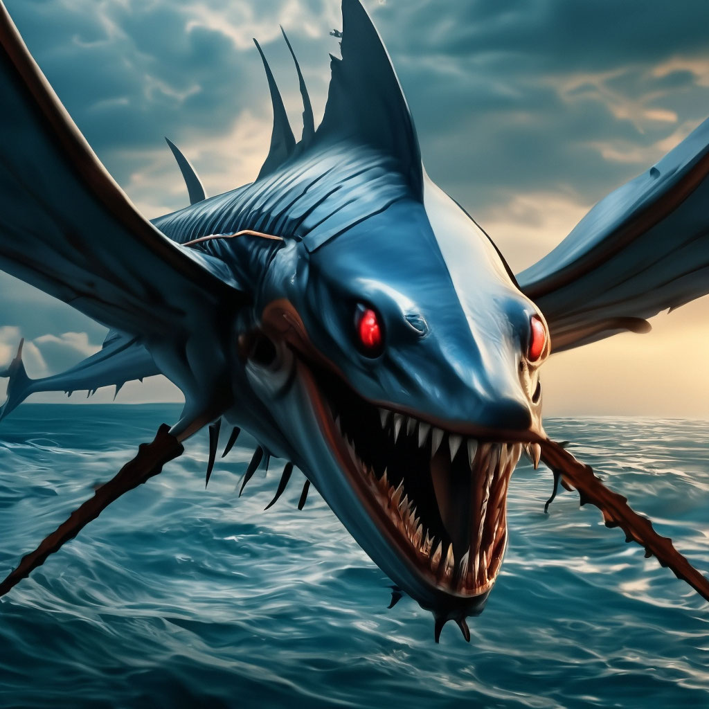 "Swordfish with demon wings, sea, close-up, swordfish has wings. big ...