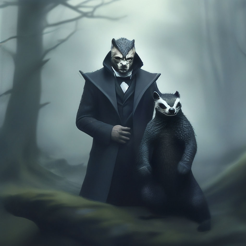 "A bald badger and a man in one body" — image created in Shedevrum