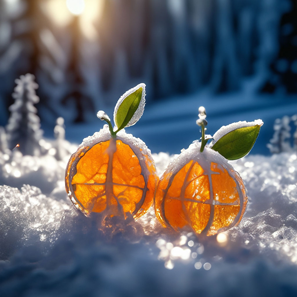 "Transparent crystal tangerines in section, snow, frost, mysticism ...