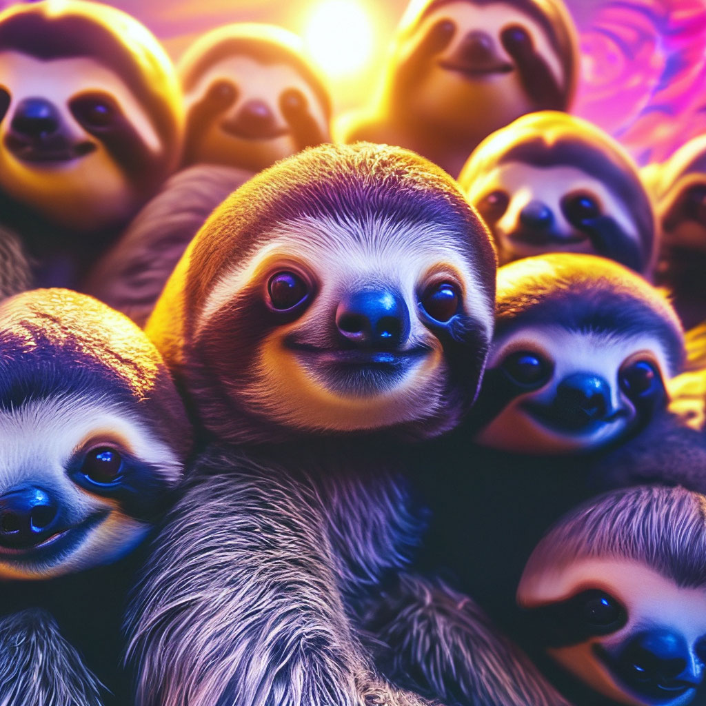 "Many different sloths are🦥looking👀at you🤩high detail, close-up ...
