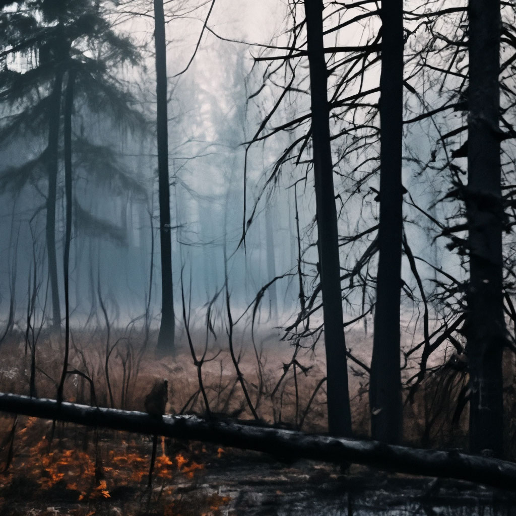 "Post apocalypse, dark dense forest near Pripyat, delicate cobweb ...
