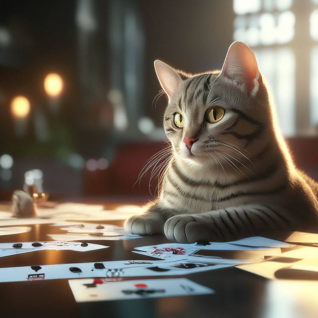 "Cat with playing cards, cinematic, distant plan professional photo ...
