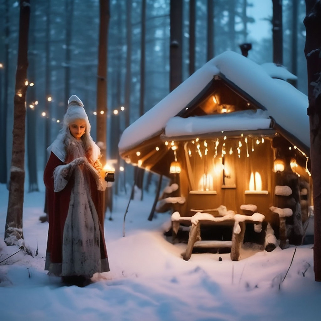 "A hut on chicken legs stands in a beautifully magical, winter forest ...